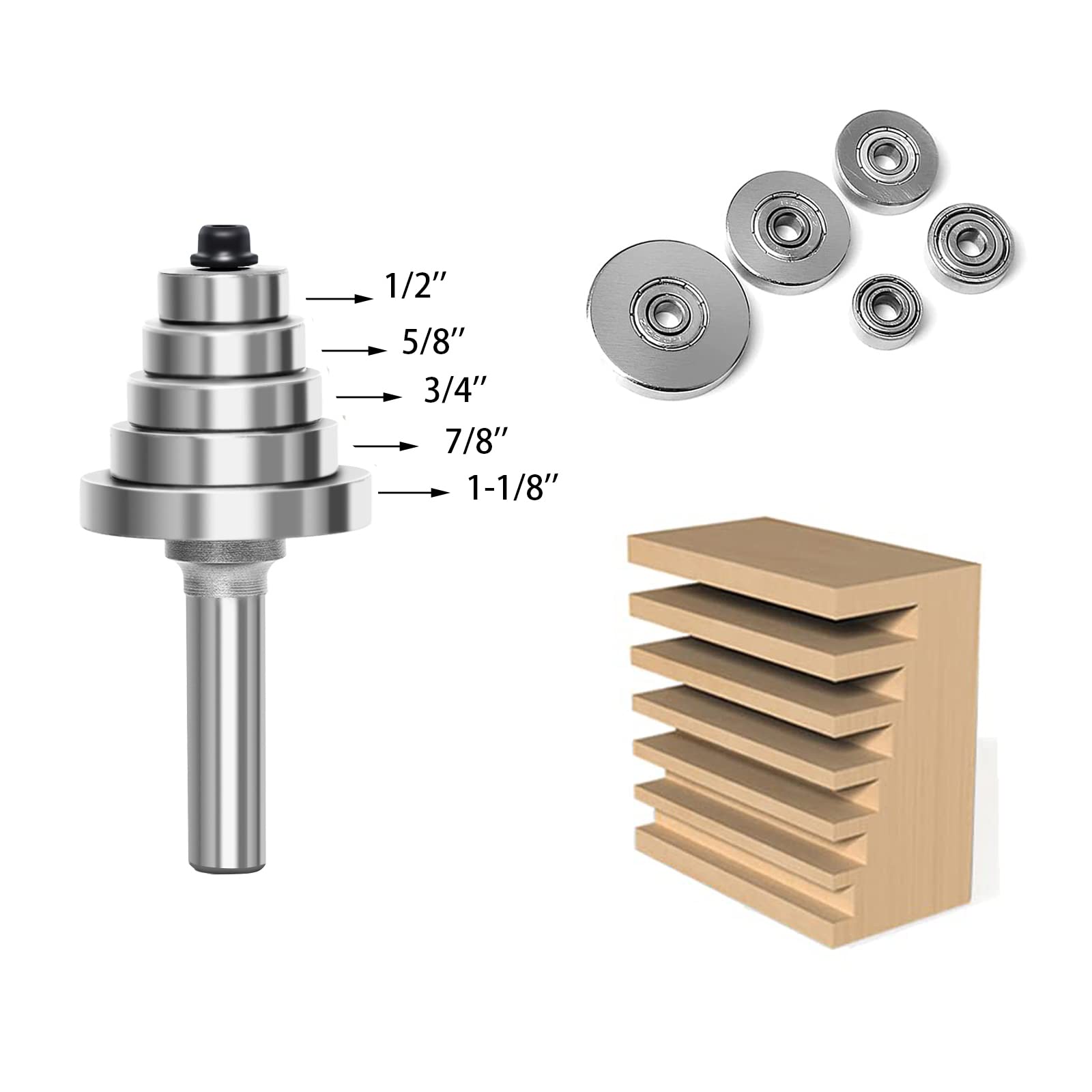 PROMSA 1/4 Inch Shank Rabbet Router Bits, 2pcs Carbide Rabbeting Router Bit Set with 5 Bearings Set (1/2", 5/8", 3/4", 7/8", 1-1/8") (1/4 Inch Router Bit Set)