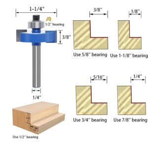 PROMSA 1/4 Inch Shank Rabbet Router Bits, 2pcs Carbide Rabbeting Router Bit Set with 5 Bearings Set (1/2", 5/8", 3/4", 7/8", 1-1/8") (1/4 Inch Router Bit Set)