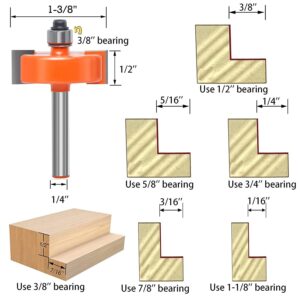 PROMSA 1/4 Inch Shank Rabbet Router Bits, 2pcs Carbide Rabbeting Router Bit Set with 5 Bearings Set (1/2", 5/8", 3/4", 7/8", 1-1/8") (1/4 Inch Router Bit Set)