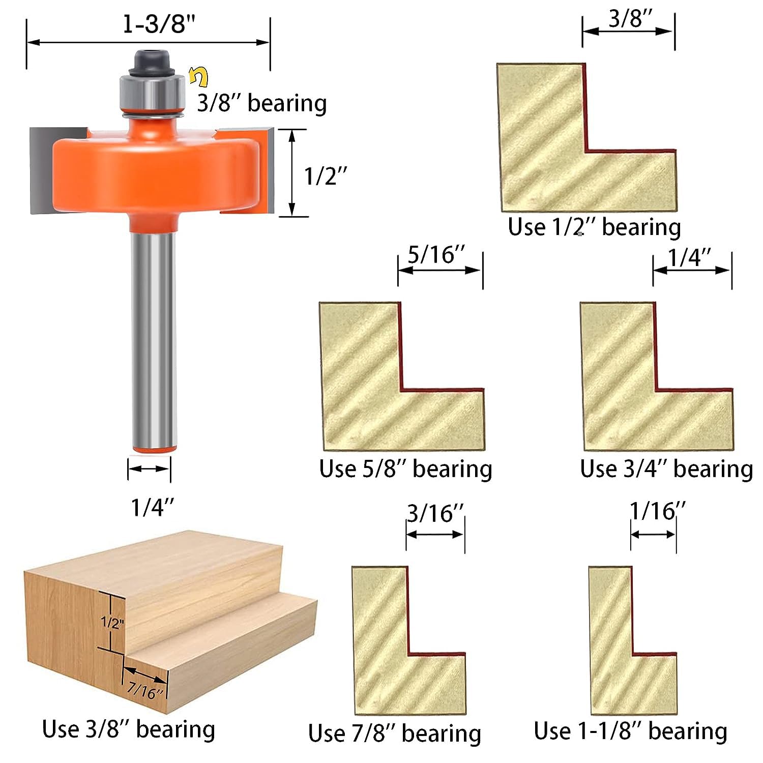 PROMSA 1/4 Inch Shank Rabbet Router Bits, 2pcs Carbide Rabbeting Router Bit Set with 5 Bearings Set (1/2", 5/8", 3/4", 7/8", 1-1/8") (1/4 Inch Router Bit Set)