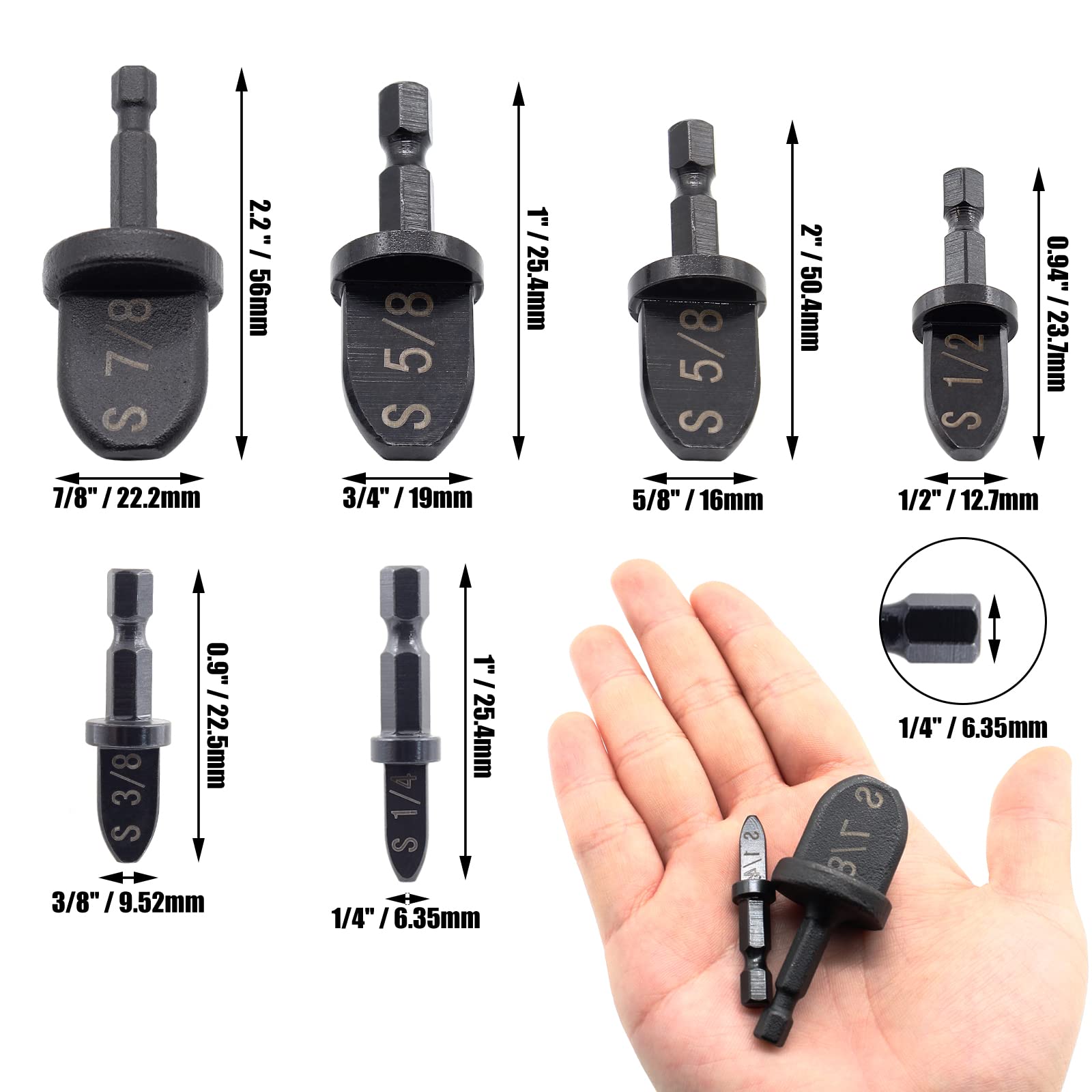 Jersvimc 6Pcs Swaging Drill Bit Tool Set Include(1/4", 3/8", 1/2", 5/8", 3/4", 7/8") - with 1/4 Inch Hex Shank, Copper Tube Expander Tool Kit for Pipe Conditioner Repairing