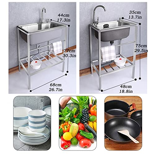 Free Standing Utility Sink for Washing, Stainless Steel Outdoor Station, Single Bowl Commercial Kitchen Sink Farmhouse Simple Laundry Sink With Faucet Undershelf for Bathroom Laundry Room ( Color : Co