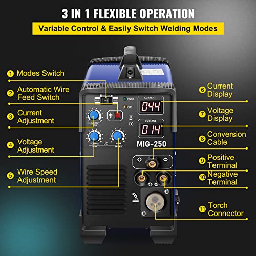 VEVOR MIG Welder, 3 in 1 Welder Welding Machine, 250 Amp MIG TIG Arc Welder 110V 220V TIG Welder Lift ARC Welder Digital Display Combo Welding Machine MMA Stick IGBT DC Inverter Welder