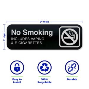 ADASigns.org, No Smoking Sign Package, NO SMOKING INCLUDING VAPING & E-CIGARETTES, Black Acrylic, White Text, 9"x 3" - SET OF 3