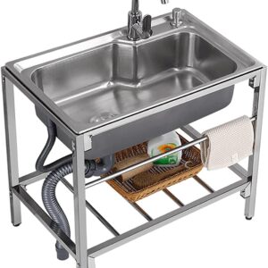 Stainless Steel Single Bowl Utility Sink with Stand Free Standing Commercial Restaurant Kitchen Sink Set with Drain Basket & Hot and Cold Faucet for Laundry Backyard Garage Outdoor(28x18.5x29.5in)