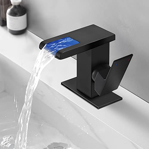 BESy LED Stainless Steel Waterfall Black Bathroom Faucet, Single Hole Bathroom Sink Faucet, 3 Colors Light Changing Single Handle Vanity Faucets with Supply Lines, Rv One Hole Faucet, Matte Black