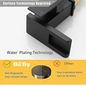 BESy LED Stainless Steel Waterfall Black Bathroom Faucet, Single Hole Bathroom Sink Faucet, 3 Colors Light Changing Single Handle Vanity Faucets with Supply Lines, Rv One Hole Faucet, Matte Black