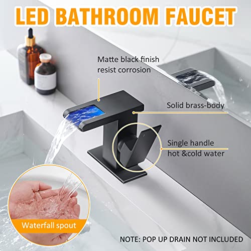 BESy LED Stainless Steel Waterfall Black Bathroom Faucet, Single Hole Bathroom Sink Faucet, 3 Colors Light Changing Single Handle Vanity Faucets with Supply Lines, Rv One Hole Faucet, Matte Black