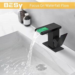 BESy LED Stainless Steel Waterfall Black Bathroom Faucet, Single Hole Bathroom Sink Faucet, 3 Colors Light Changing Single Handle Vanity Faucets with Supply Lines, Rv One Hole Faucet, Matte Black