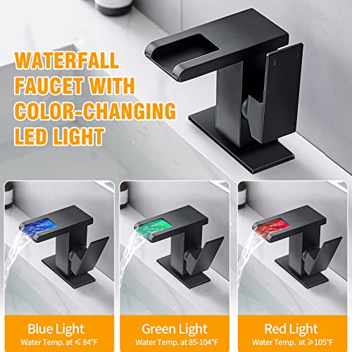 BESy LED Stainless Steel Waterfall Black Bathroom Faucet, Single Hole Bathroom Sink Faucet, 3 Colors Light Changing Single Handle Vanity Faucets with Supply Lines, Rv One Hole Faucet, Matte Black