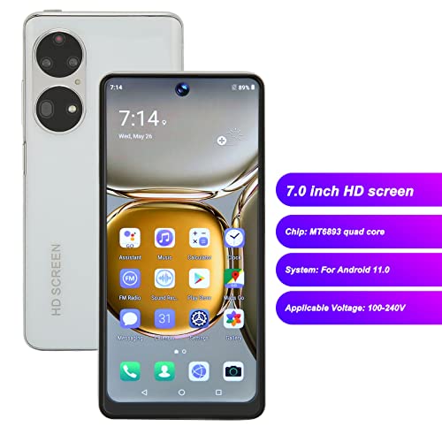 P60 Pro Smartphone 7.0 Inch for Android 11.0 MT6893 Quad Core Cell Phone 4GB 64GB 8000mAh Phone with Front 8MP Rear 16MP 100‑240V White Full Screen Dual SIM Unlocked Phone