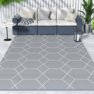 genimo outdoor patio rug 6x9 waterproof, reversible mats, plastic straw area rug, geometric rv mat for patio camping picnic backyard deck balcony porch beach trailer (grey & white)