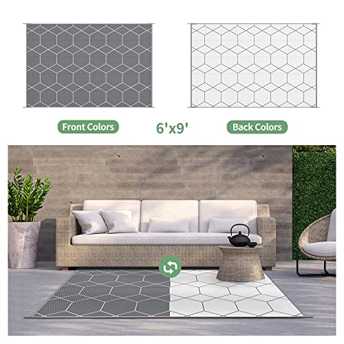 GENIMO Outdoor Patio Rug 6x9 Waterproof, Reversible Mats, Plastic Straw Area Rug, Geometric Rv Mat for Patio Camping Picnic Backyard Deck Balcony Porch Beach Trailer (Grey & White)