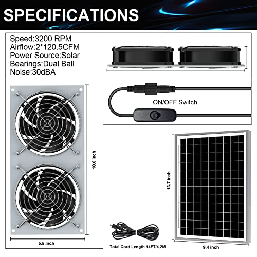 LiLDiHO Solar Fan, 15W Solar Panel + 2 Pcs High Speed DC Brushless Fan with 14FT Cable, IP67 Waterproof. Wall-Mounted Ventilation and Cooling Vent for Greenhouse, Chicken Coop, Shed, Attic, Etc