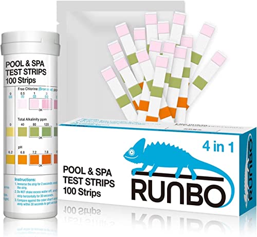 RUNBO Pool and Hot Tub Test Strips 4-in-1 (100 Count) – Test for Free Chlorine, Bromine, Total Alkalinity and pH - Pool Hot Tub Testing Strips