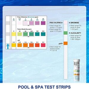 RUNBO Pool and Hot Tub Test Strips 4-in-1 (100 Count) – Test for Free Chlorine, Bromine, Total Alkalinity and pH - Pool Hot Tub Testing Strips