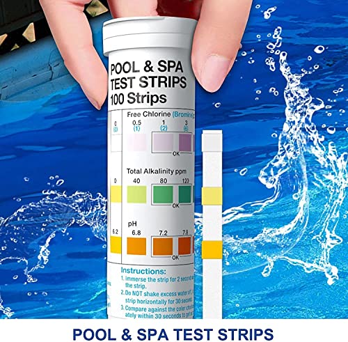 RUNBO Pool and Hot Tub Test Strips 4-in-1 (100 Count) – Test for Free Chlorine, Bromine, Total Alkalinity and pH - Pool Hot Tub Testing Strips