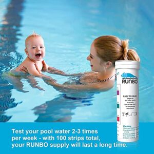 RUNBO Pool and Hot Tub Test Strips 4-in-1 (100 Count) – Test for Free Chlorine, Bromine, Total Alkalinity and pH - Pool Hot Tub Testing Strips