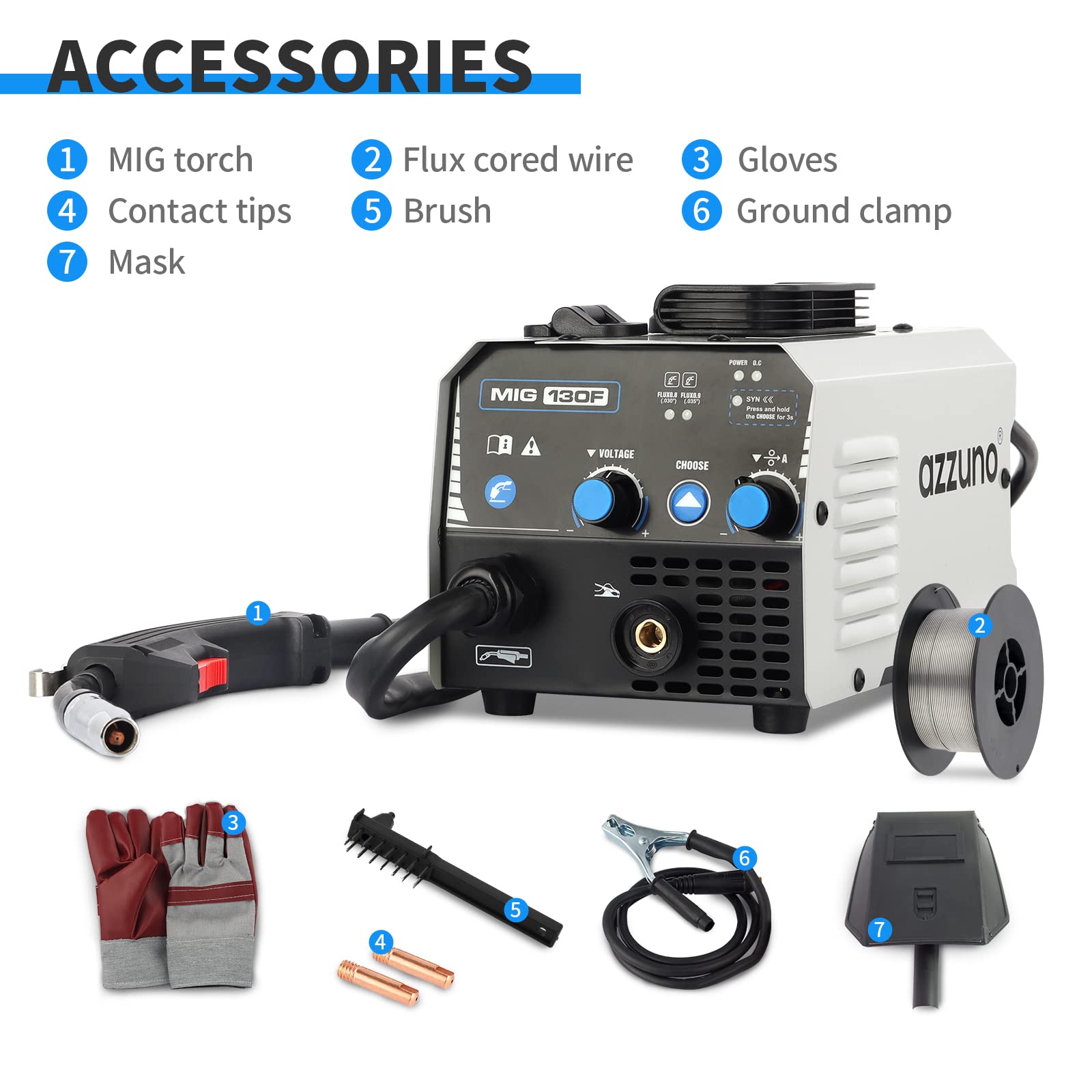 AZZUNO MIG Welder,Flux Core Welder Machine 110V 130Amp, Gasless MIG Welding Machine IGBT Inverter Welder Portable Wire Feed Welder (110V)