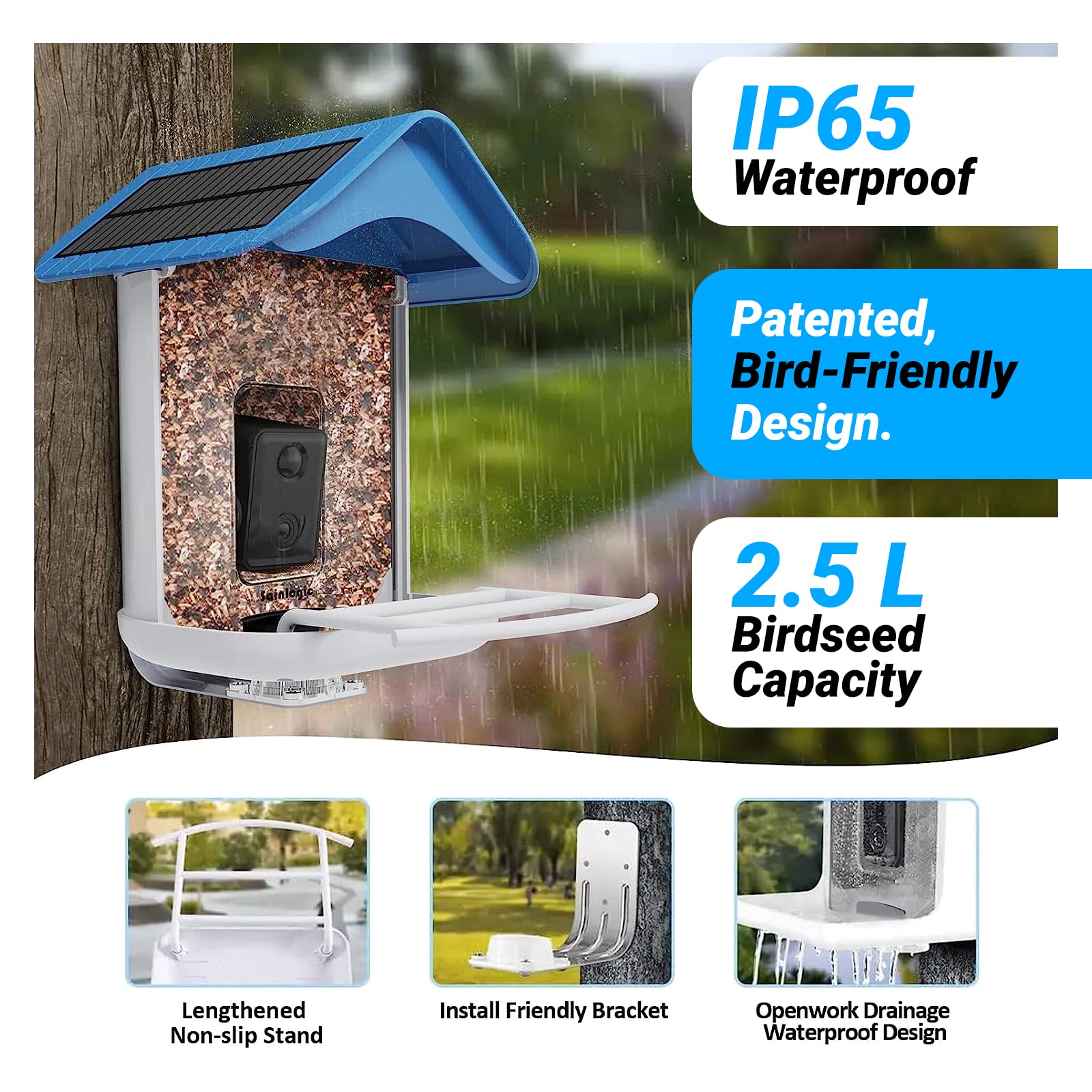 Sainlogic Free AI Smart Bird Feeder with 1080P HD Camera, Camera Bird Feeder Identify Bird Species with 2 Solar Panels, Video Bird Feeder with WiFi & Motion Detection, Smart Bird Feeders as Gifts