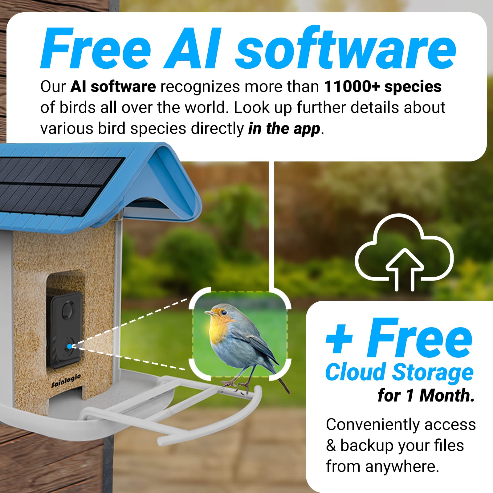 Sainlogic Free AI Smart Bird Feeder with 1080P HD Camera, Camera Bird Feeder Identify Bird Species with 2 Solar Panels, Video Bird Feeder with WiFi & Motion Detection, Smart Bird Feeders as Gifts