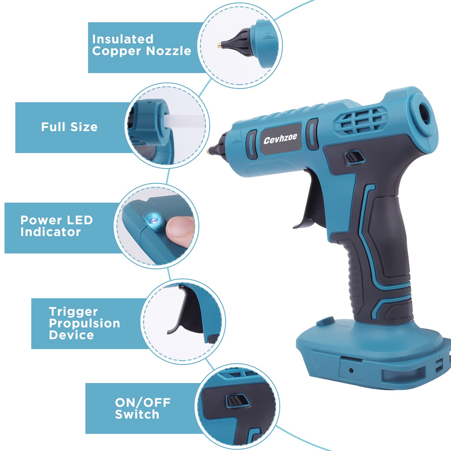 Cevhzoe Cordless Glue Gun for Crafts, Full Size Hot Glue Gun for Makita 18V Lithium-Ion Battery with 20Pcs 0.43" Glue Sticks and Insulated Copper Nozzle (Tool Only, Battery NOT Included)