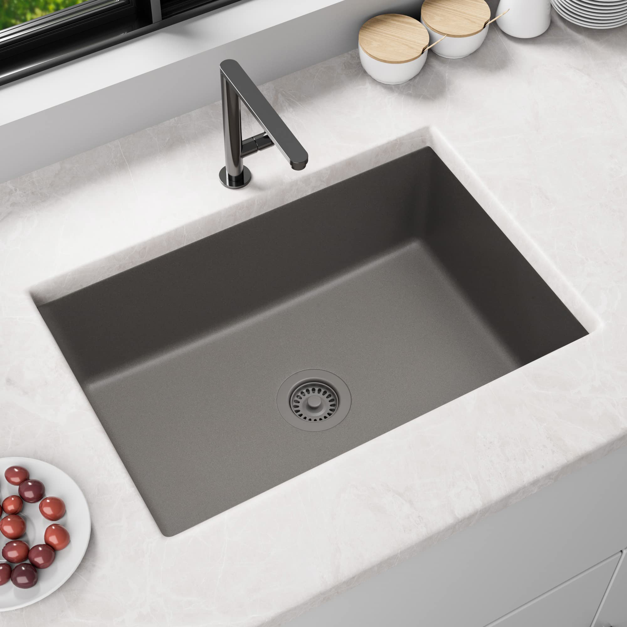 MILOSEN Granite Gray Kitchen Sink, 28 * 18 Inch Undermount Kitchen Sinks, Single Bowl Kitchen Sink Grey