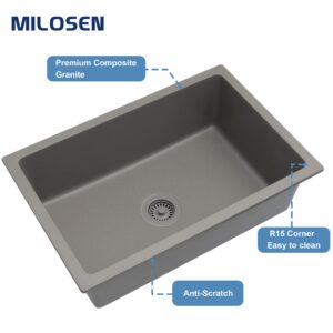 MILOSEN Granite Gray Kitchen Sink, 28 * 18 Inch Undermount Kitchen Sinks, Single Bowl Kitchen Sink Grey