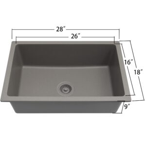 MILOSEN Granite Gray Kitchen Sink, 28 * 18 Inch Undermount Kitchen Sinks, Single Bowl Kitchen Sink Grey