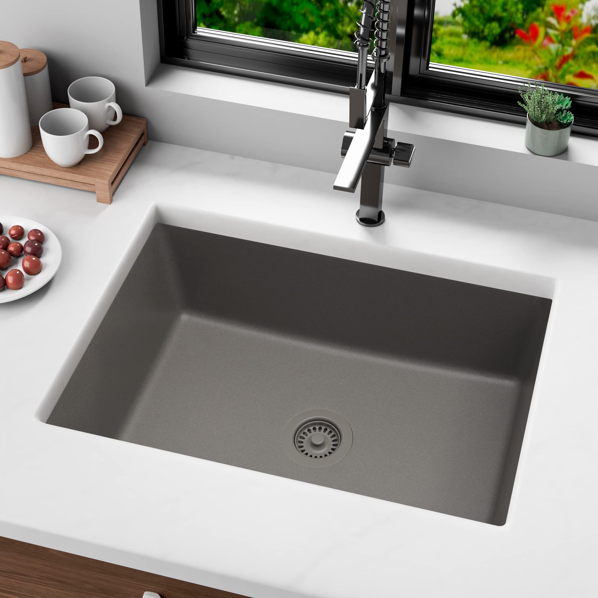 MILOSEN Granite Gray Kitchen Sink, 28 * 18 Inch Undermount Kitchen Sinks, Single Bowl Kitchen Sink Grey