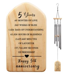 5 years anniversary wind chime, happy 5th anniversary gift, 5 years of marriage, wood wedding anniversary keepsake for couples husband wife, valentines day gifts for him her, 5 years down