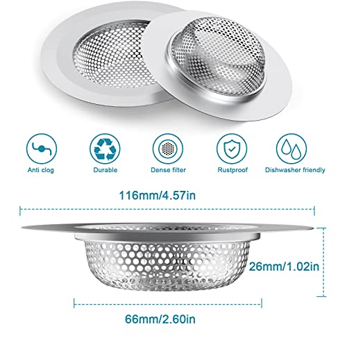 Kitchen Sink Strainer, 2 PCS Stainless Steel Sink Drain Strainer, Large Wide Rim 4.5" Diameter, Kitchen Sink Basket Strainer Food Catcher for Most Sink Drains