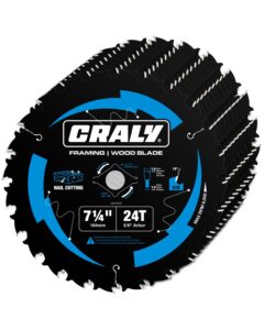 craly 7-1/4 inch 24 teeth wood cutting framing circular saw blade, 5/8 inch arbor, carbide tipped, thin kerf, black ice coating, for plywood, mdf, osb, laminated, 10-pack(c0724fr-10)