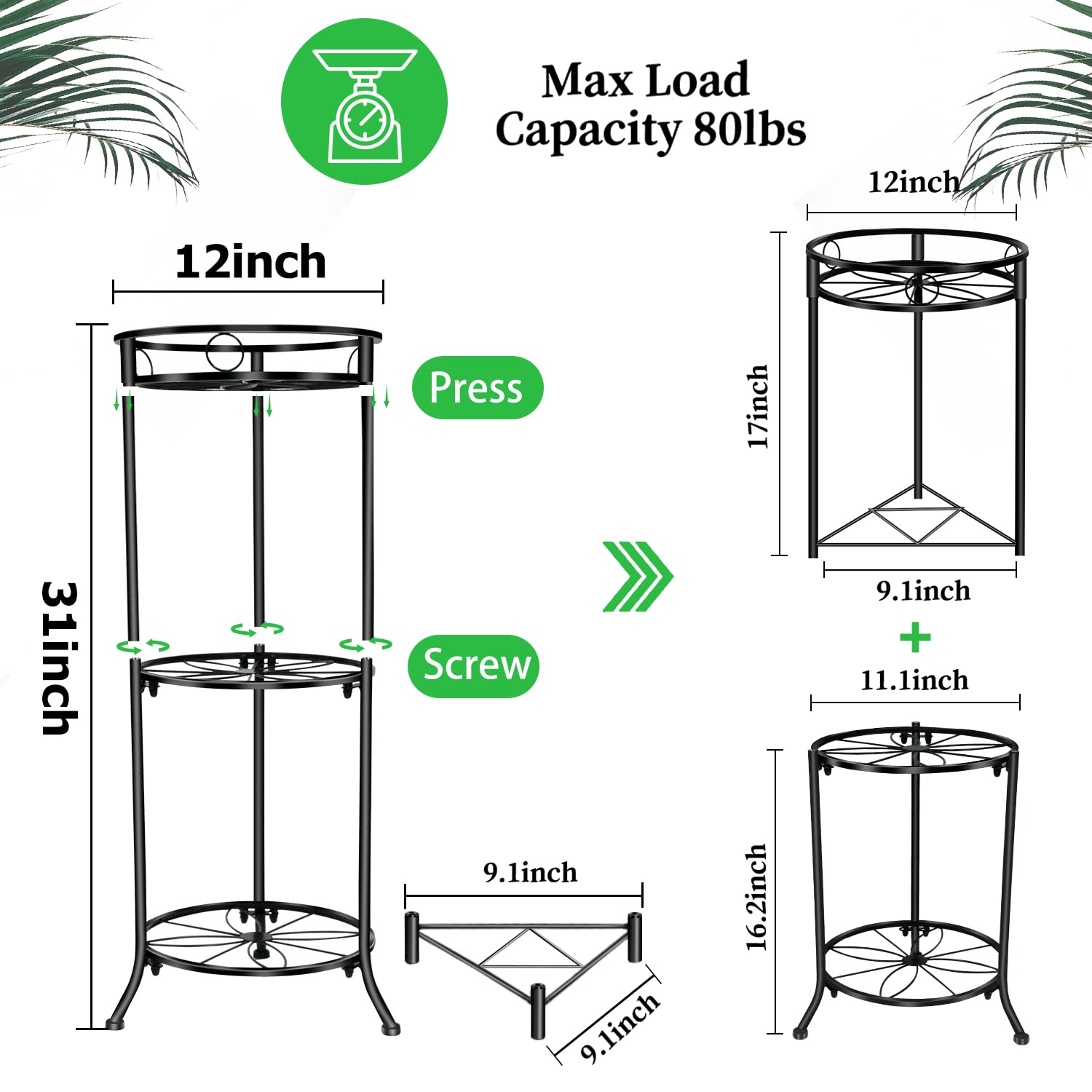 OMEUTY Plant Stand Indoor,31 inch Tall Plant Stands Outdoor, 3 Tier Detachable Corner Metal Flower Potted Stand, Black Heavy Duty Plant Stand for Indoor Planters,Living Room. Balcony