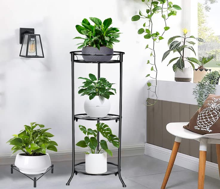 OMEUTY Plant Stand Indoor,31 inch Tall Plant Stands Outdoor, 3 Tier Detachable Corner Metal Flower Potted Stand, Black Heavy Duty Plant Stand for Indoor Planters,Living Room. Balcony