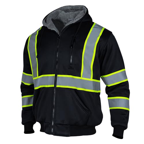 Sicalobo Men's High Visibility Fleece Lined Safety Hoodie,Reflective Winter Bomber Jacket,Hi Vis Construction Workwear(Black,2XL)