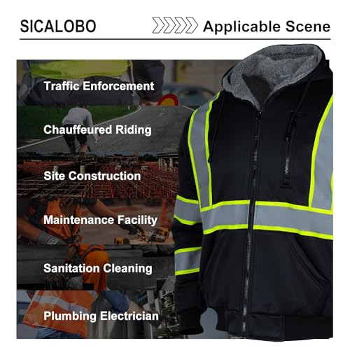 Sicalobo Men's High Visibility Fleece Lined Safety Hoodie,Reflective Winter Bomber Jacket,Hi Vis Construction Workwear(Black,2XL)