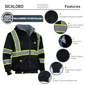 Sicalobo Men's High Visibility Fleece Lined Safety Hoodie,Reflective Winter Bomber Jacket,Hi Vis Construction Workwear(Black,2XL)