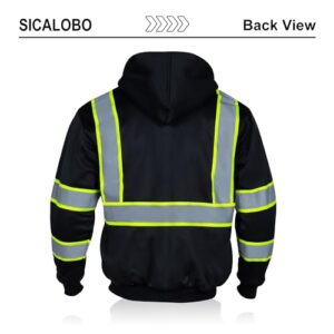 Sicalobo Men's High Visibility Fleece Lined Safety Hoodie,Reflective Winter Bomber Jacket,Hi Vis Construction Workwear(Black,2XL)