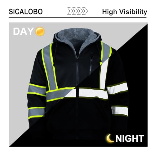 Sicalobo Men's High Visibility Fleece Lined Safety Hoodie,Reflective Winter Bomber Jacket,Hi Vis Construction Workwear(Black,2XL)