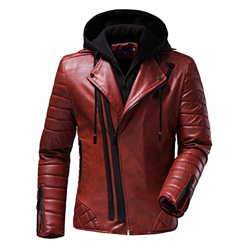 Maiyifu-GJ Men's Faux Leather Biker Jacket Vintage Asymmetric Zip Motorcycle Jackets PU Lightweight Coat with Removable Hood (Red,X-Large)