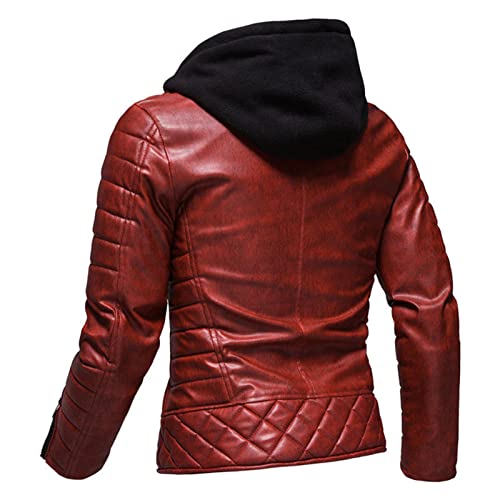 Maiyifu-GJ Men's Faux Leather Biker Jacket Vintage Asymmetric Zip Motorcycle Jackets PU Lightweight Coat with Removable Hood (Red,X-Large)