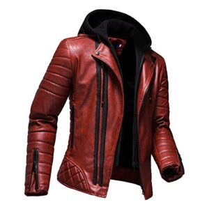 Maiyifu-GJ Men's Faux Leather Biker Jacket Vintage Asymmetric Zip Motorcycle Jackets PU Lightweight Coat with Removable Hood (Red,X-Large)