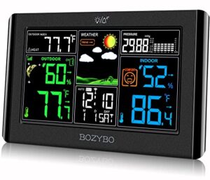 bozybo weather station wireless indoor outdoor thermometer: digital weather thermometer with atomic clock temperature humidity monitor with calendar adjustable backlight and calendar