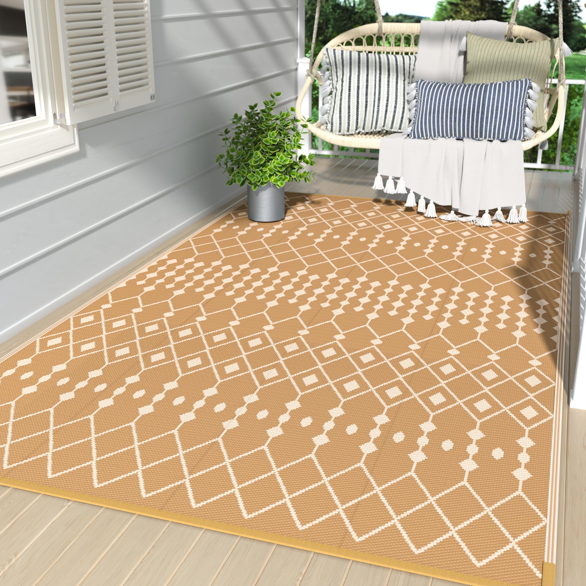 GENIMO Rug for Patio Clearance, 5'x8' Waterproof Reversible Outside Carpet for Outdoor Decor, Area Boho Plastic Straw Mat for RV, Deck, Camping, Camper,Brown & Beige