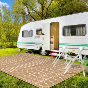 GENIMO Rug for Patio Clearance, 5'x8' Waterproof Reversible Outside Carpet for Outdoor Decor, Area Boho Plastic Straw Mat for RV, Deck, Camping, Camper,Brown & Beige