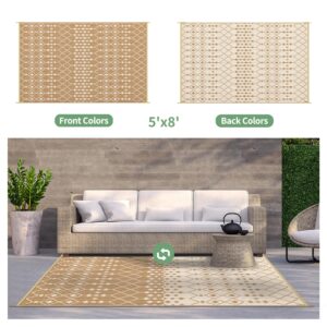 GENIMO Rug for Patio Clearance, 5'x8' Waterproof Reversible Outside Carpet for Outdoor Decor, Area Boho Plastic Straw Mat for RV, Deck, Camping, Camper,Brown & Beige