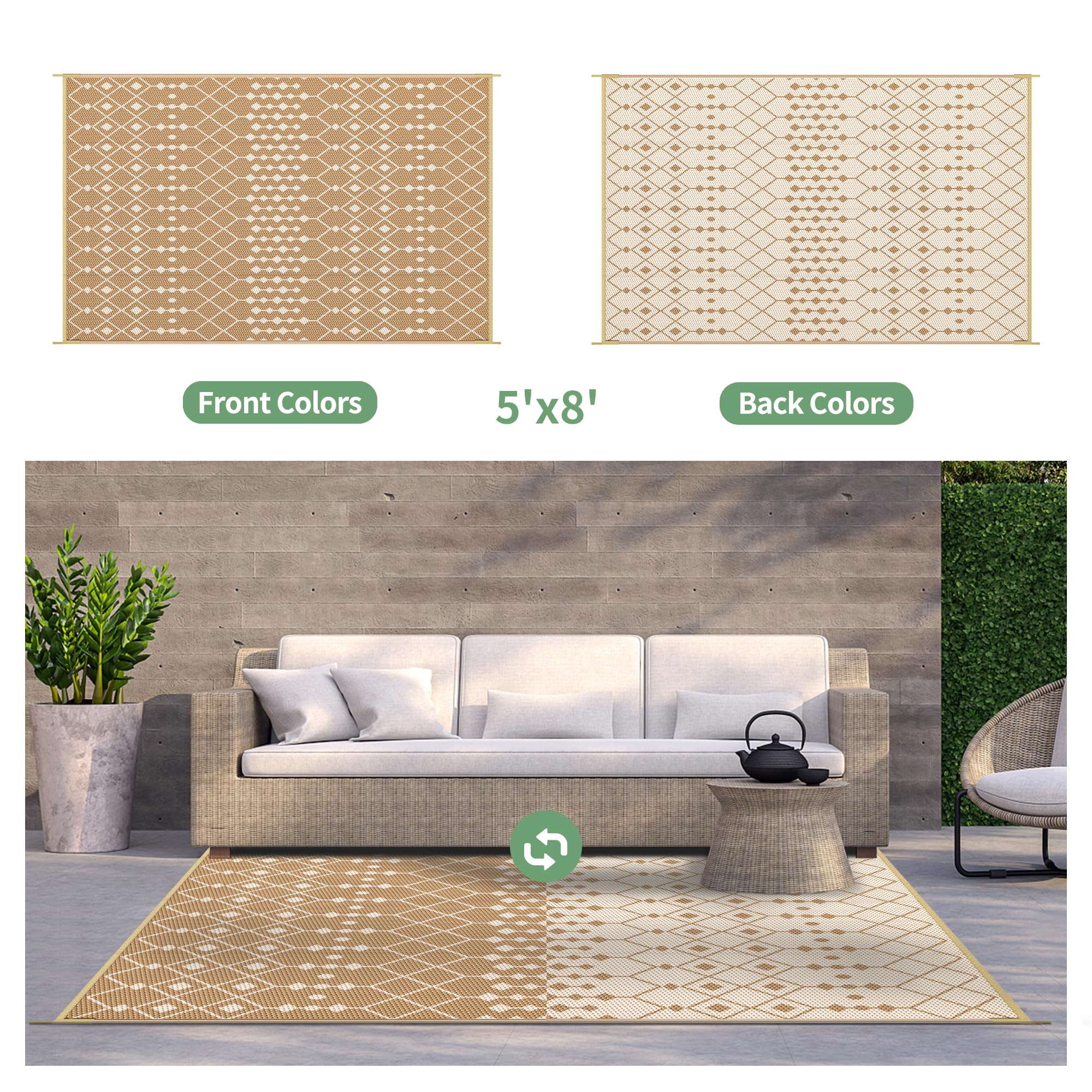 GENIMO Rug for Patio Clearance, 5'x8' Waterproof Reversible Outside Carpet for Outdoor Decor, Area Boho Plastic Straw Mat for RV, Deck, Camping, Camper,Brown & Beige