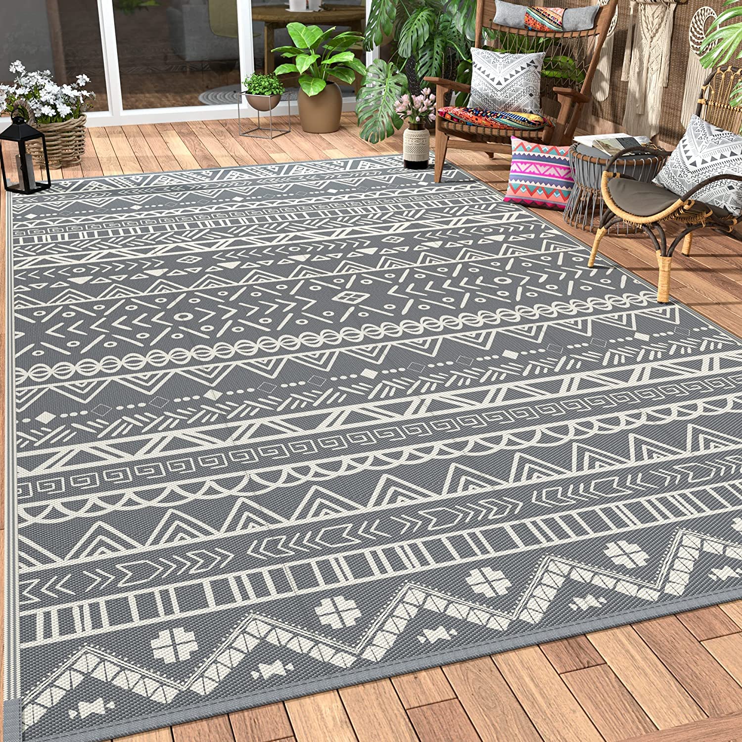 MCOW 6'x9' Boho Outdoor Rugs for Patios, Waterproof Plastic Straw Rug, Reversible Rv Area Mat Clearance for Outside, Camping, Deck, Camper, Porch, Balcony, Backyard, Picnic, Grey&White