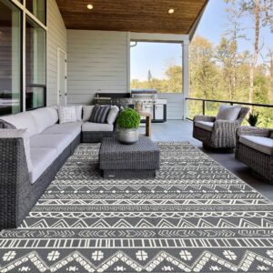 MCOW 6'x9' Boho Outdoor Rugs for Patios, Waterproof Plastic Straw Rug, Reversible Rv Area Mat Clearance for Outside, Camping, Deck, Camper, Porch, Balcony, Backyard, Picnic, Grey&White